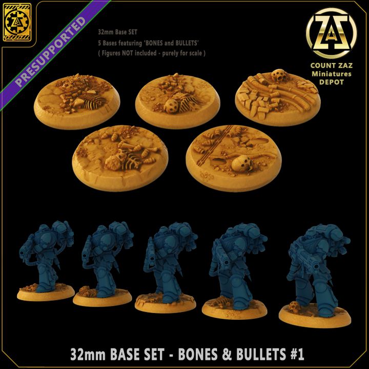3D Printable 32MM BASE SET # 1 - BONES & BULLETS by Adam Rodgers