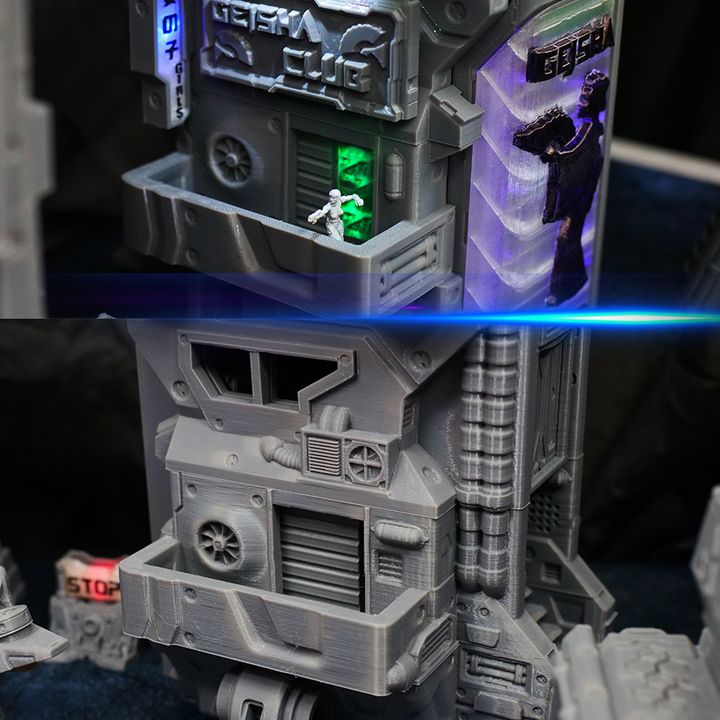 3D Printable Cyberpunk LED lights geisha club tower by DecoQuest Workshop