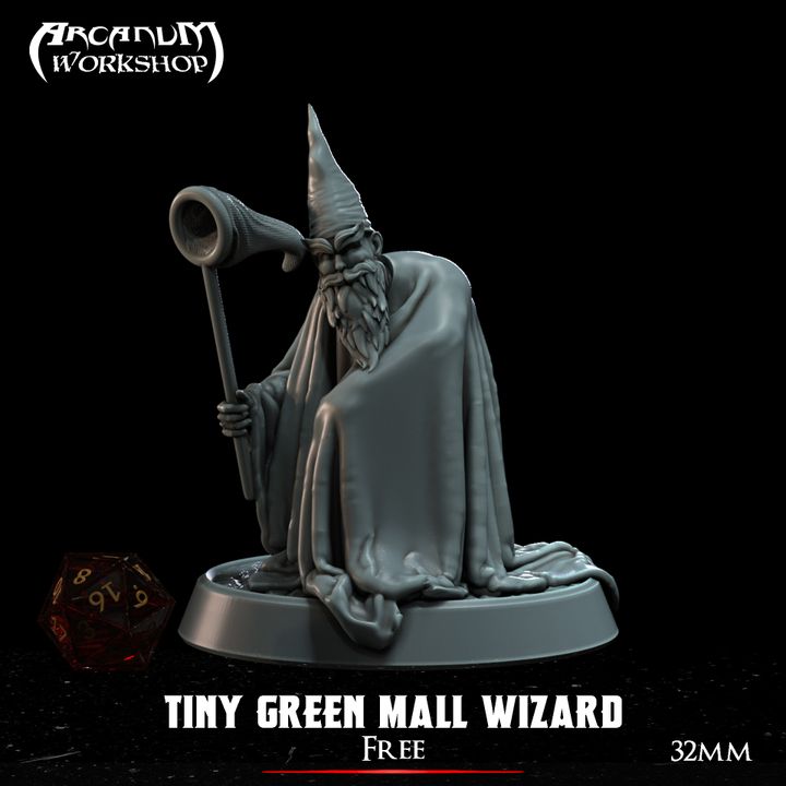 3D Printable Tiny Green Mall Wizard 32 mm by Arcanum Workshop