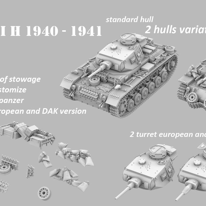 3D Printable Panzer III H 1940-41 European and DAK by Counlane Models
