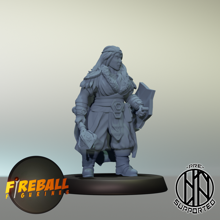 3D Printable Hyllda, Female Dwarf Cleric of the Light by Fireball Figurines