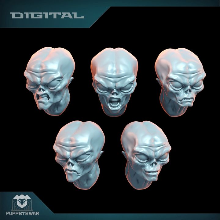 3D Printable Grey Alien Heads by Puppetswar Miniatures