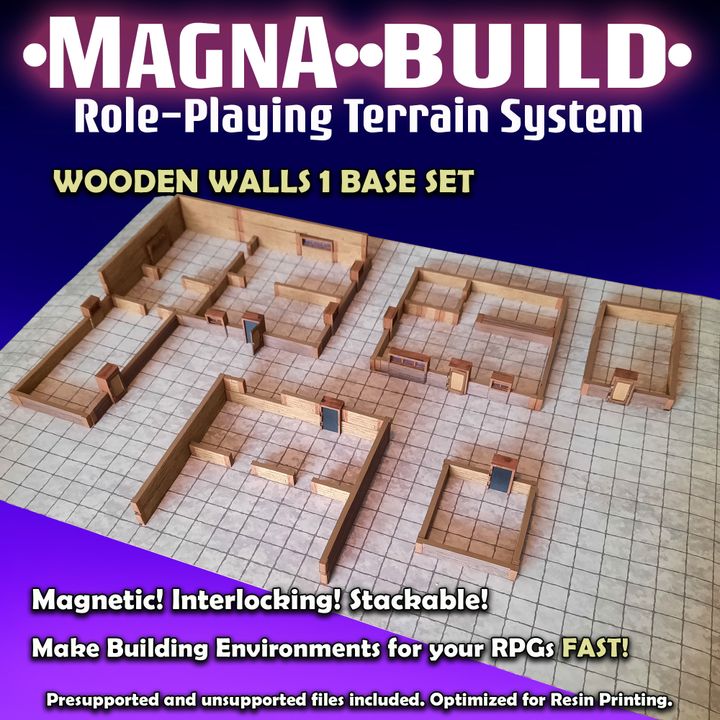 3D Printable Magna-Build WOODEN WALLS Base Set 1 -Magnetic RPG Terrain ...