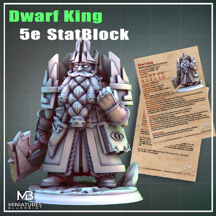 3D Printable PDF - Dwarf King 5e Statblock by Miniatures Blueprint