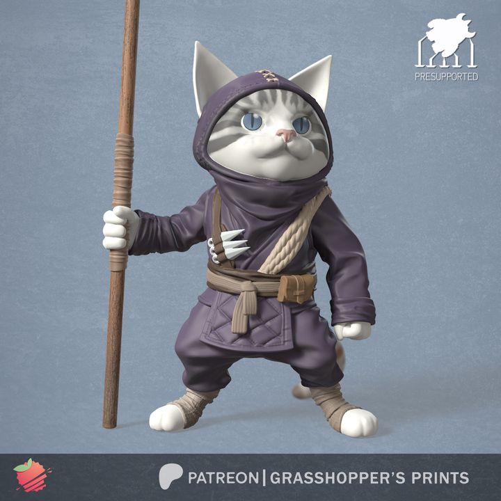 3D Printable Ninja Cat with Staff by Grass Hopper