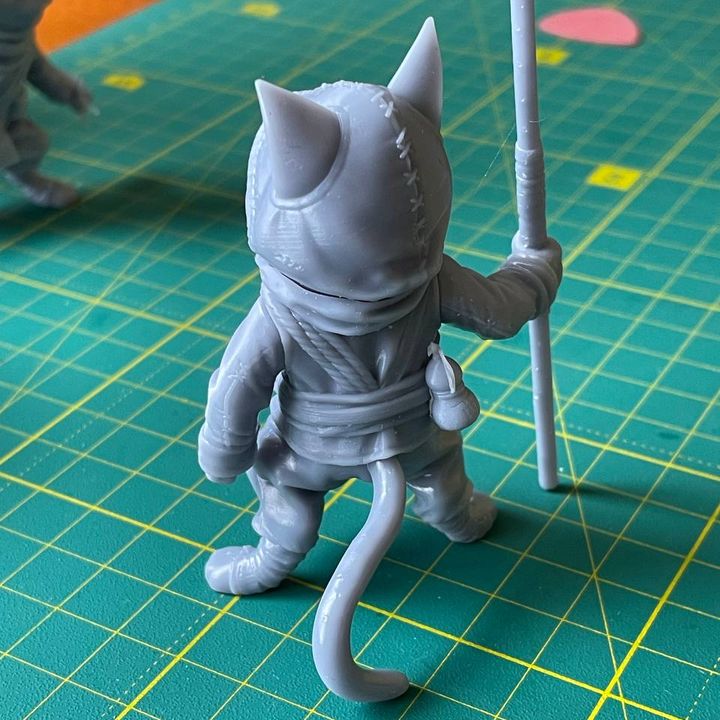 3D Printable Ninja Cat with Staff by Grass Hopper
