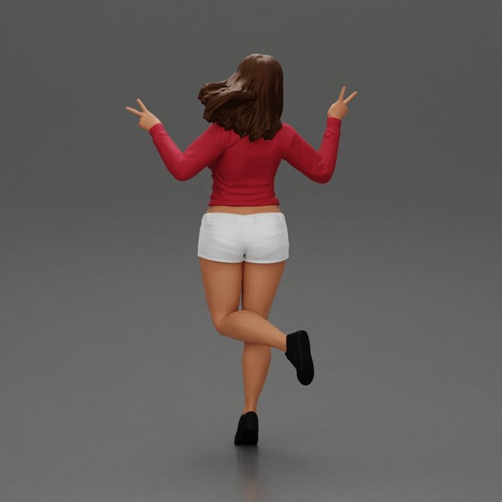3D Printable happy girl in a mini jacket and shorts, jumping on one leg ...