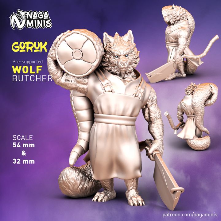 3D Printable (Pre-supported) Wolf Folk Butcher by Naga Minis