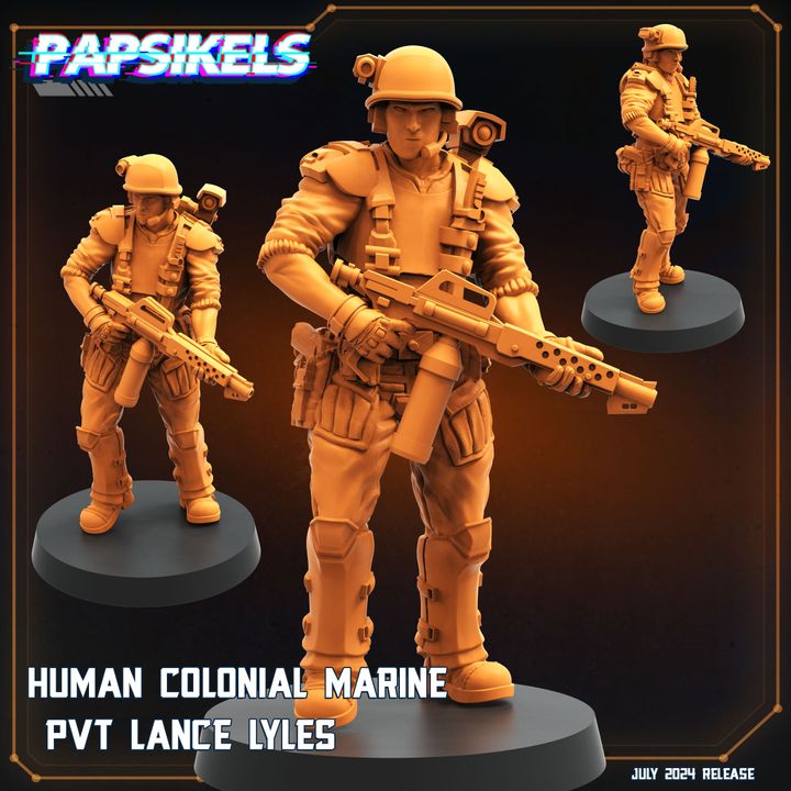 3D Printable HUMAN COLONIAL MARINE PVT LANCE LYLES by PAPSIKELS MINIATURES
