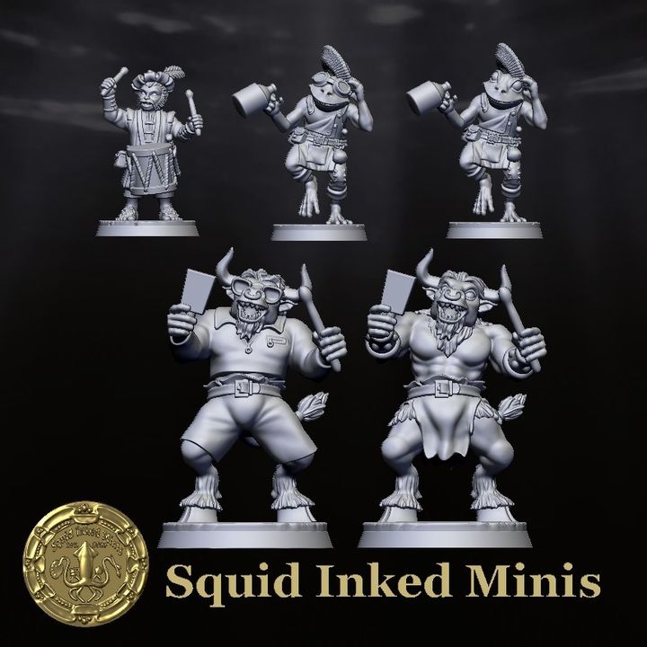 3D Printable Bard Party Halfling Grung and Minotaur by Squid Inked Minis