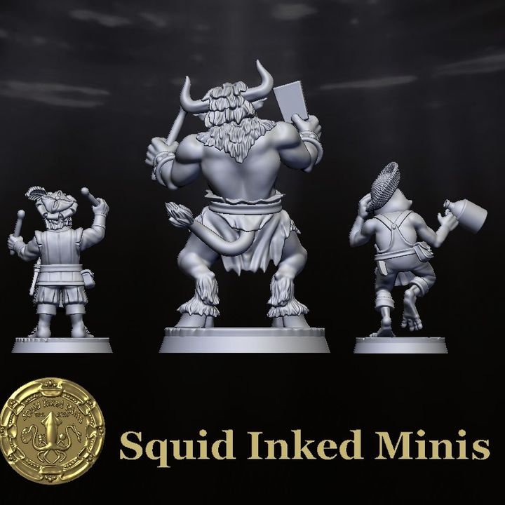 3D Printable Bard Party Halfling Grung and Minotaur by Squid Inked Minis
