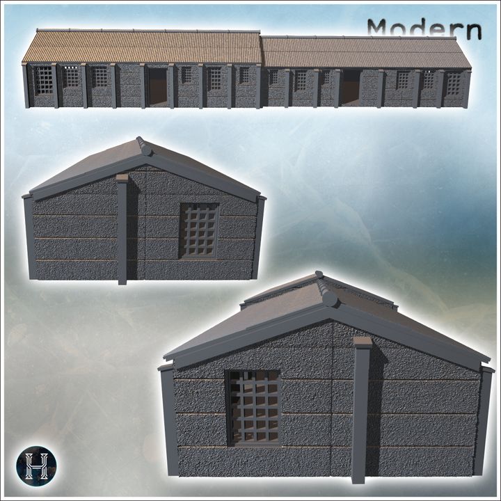 3D Printable Long warehouse with corrugated roof and multiple windows ...
