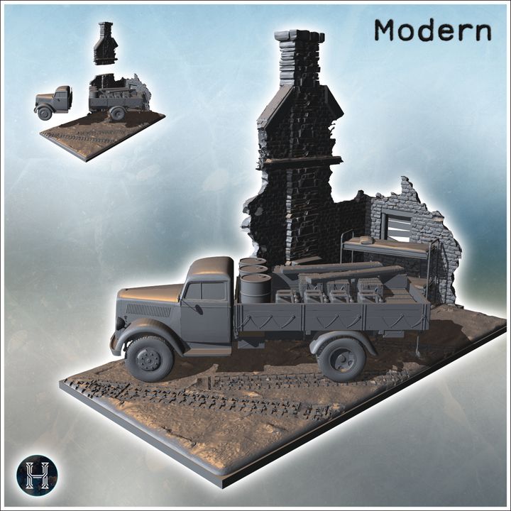 3D Printable German Open Blitz truck parked beside a ruined building ...