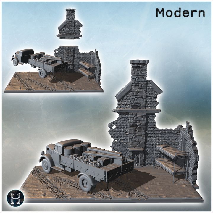 3D Printable German Open Blitz truck parked beside a ruined building ...
