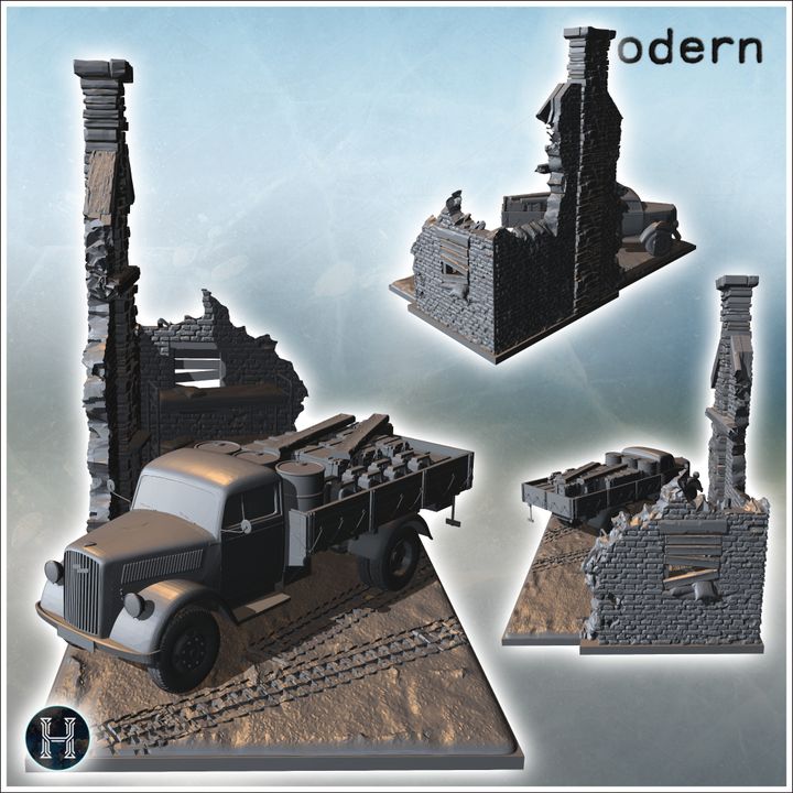 3D Printable German Open Blitz truck parked beside a ruined building ...