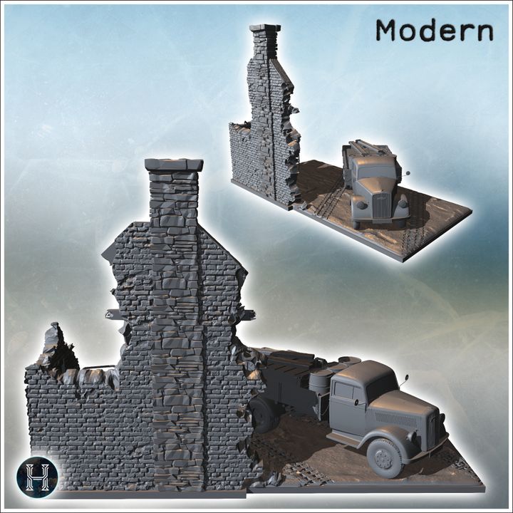 3D Printable German Open Blitz truck parked beside a ruined building ...