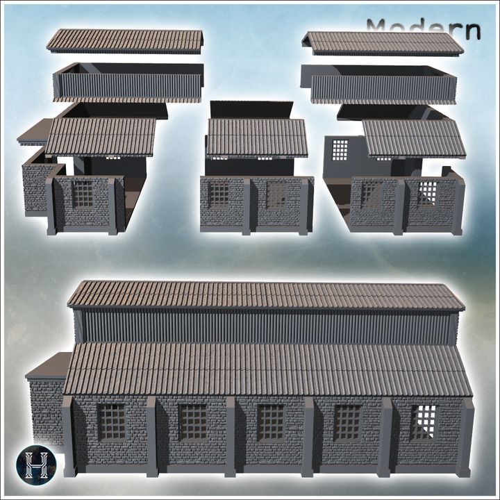 3D Printable Large industrial building with stone base and corrugated ...