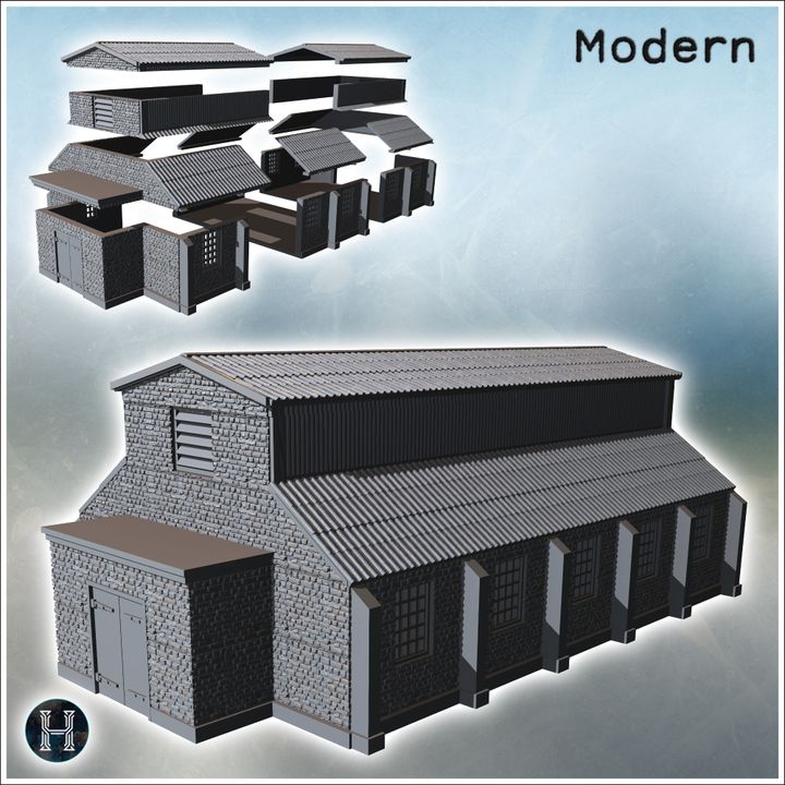 3D Printable Large industrial building with stone base and corrugated ...