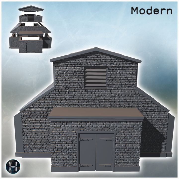 3D Printable Large industrial building with stone base and corrugated ...