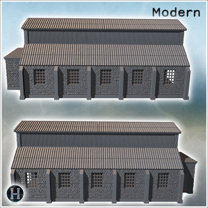 3D Printable Large industrial building with stone base and corrugated ...