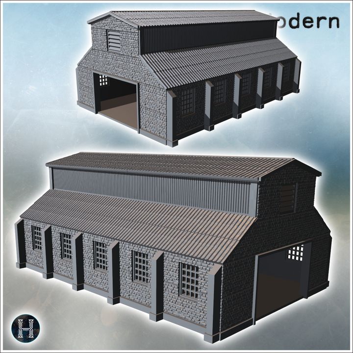 3D Printable Large industrial building with stone base and corrugated ...