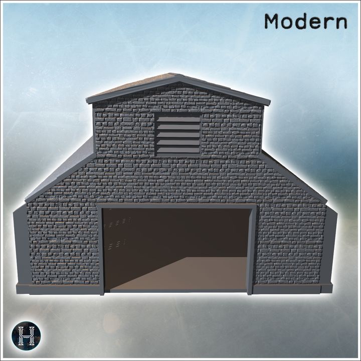 3D Printable Large industrial building with stone base and corrugated ...