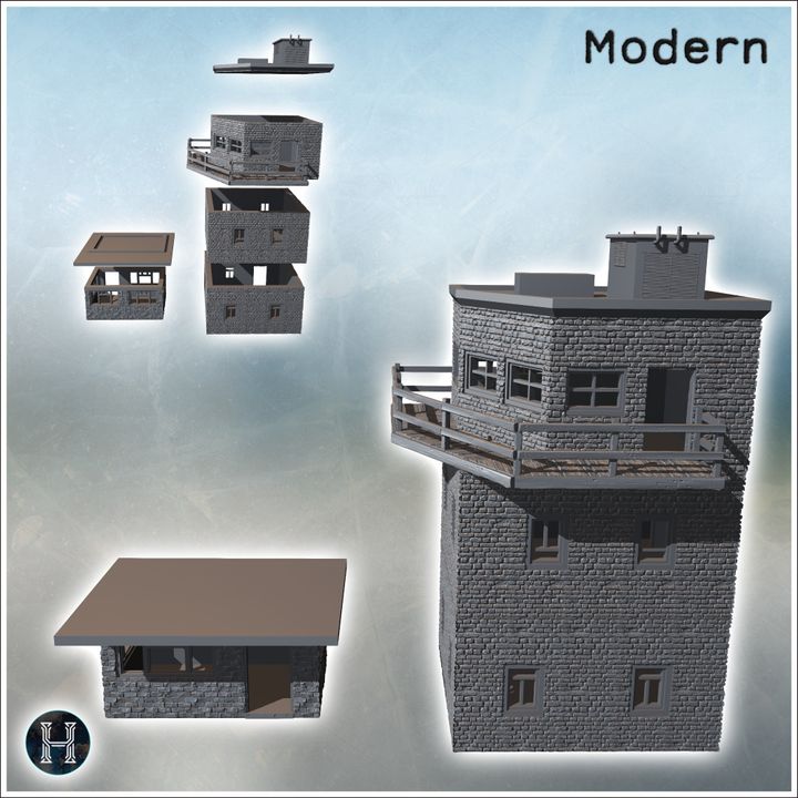 3D Printable Tall air control stone tower with railings and a flat roof ...