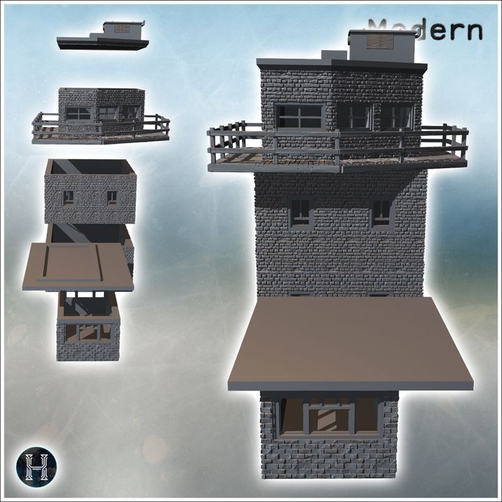 3D Printable Tall air control stone tower with railings and a flat roof ...