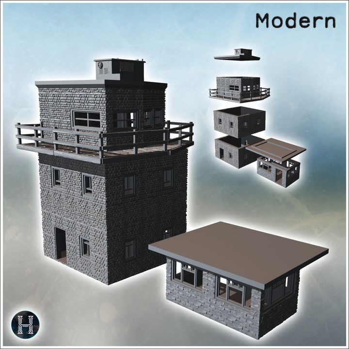 3D Printable Tall air control stone tower with railings and a flat roof ...