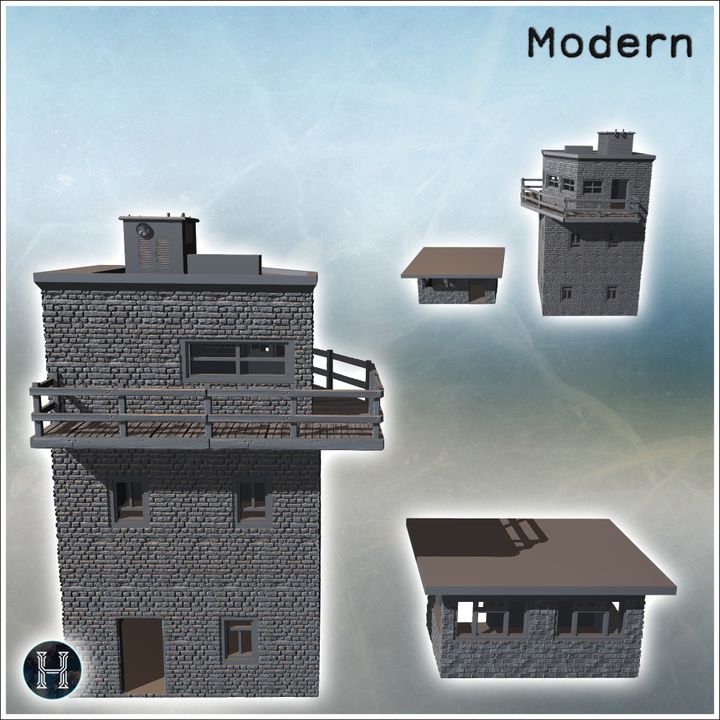 3D Printable Tall air control stone tower with railings and a flat roof ...