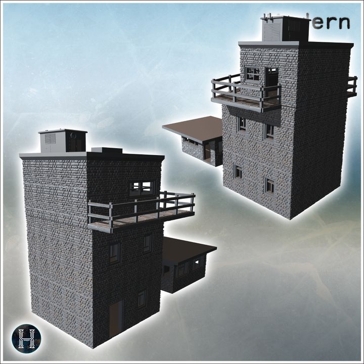 3D Printable Tall air control stone tower with railings and a flat roof ...