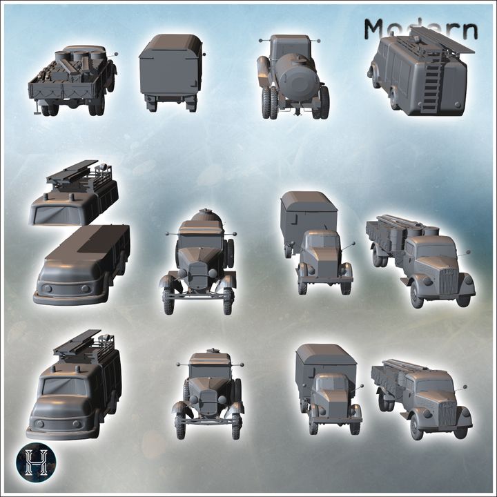 3D Printable Variety of utility vehicles including fire truck and water ...