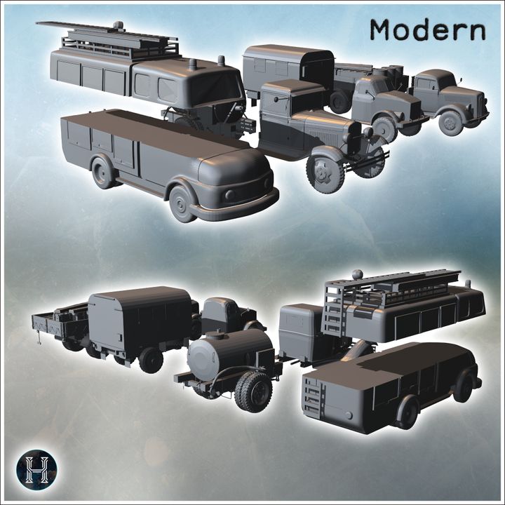 3D Printable Variety of utility vehicles including fire truck and water ...