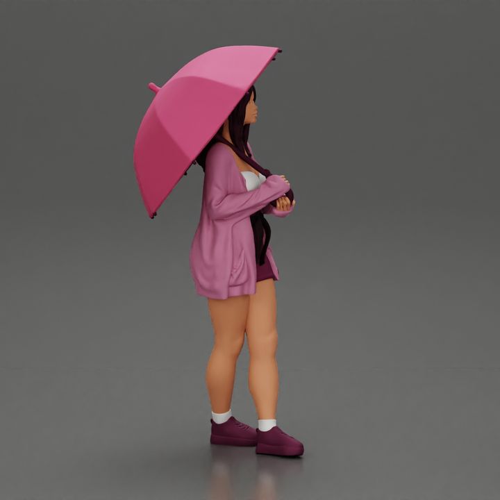 3D Printable Pretty Girl with an Umbrella in Open Sweater and shorts ...