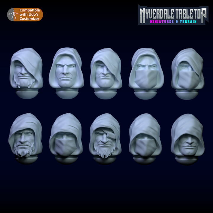 3D Printable Hooded Heads Modular Bits by Nyverdale Tabletop