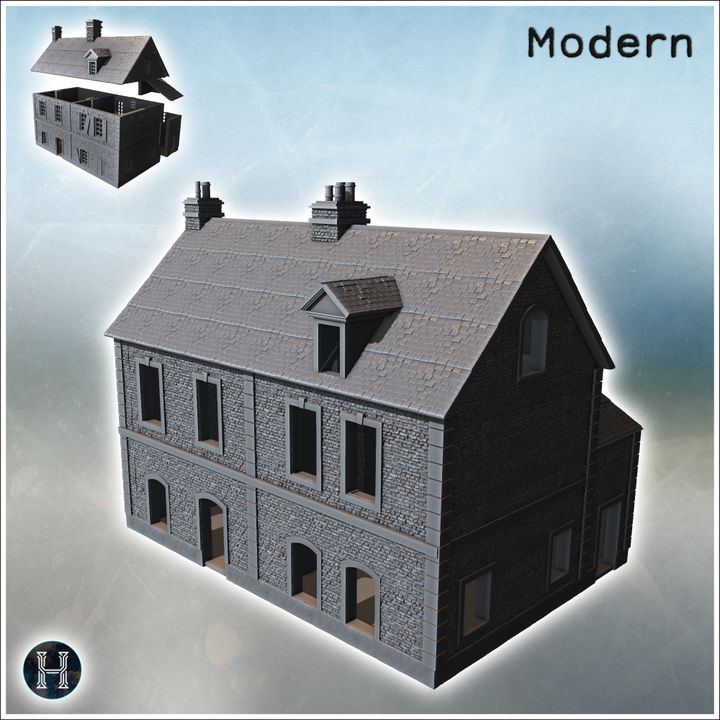 3D Printable Two-story house with partially damaged roof, exposed ...