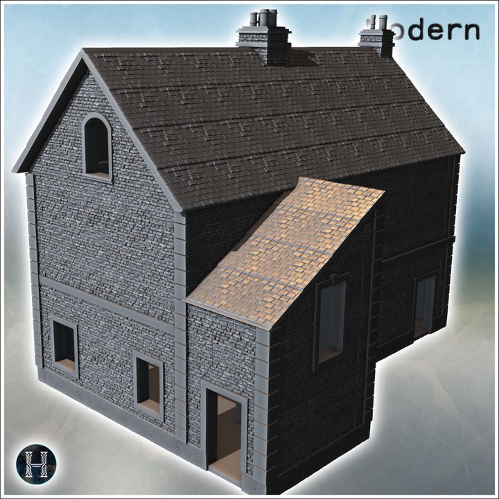 3D Printable Two-story house with partially damaged roof, exposed ...