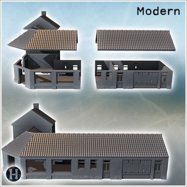 3D Printable L-shaped building with broken windows, missing doors, and ...