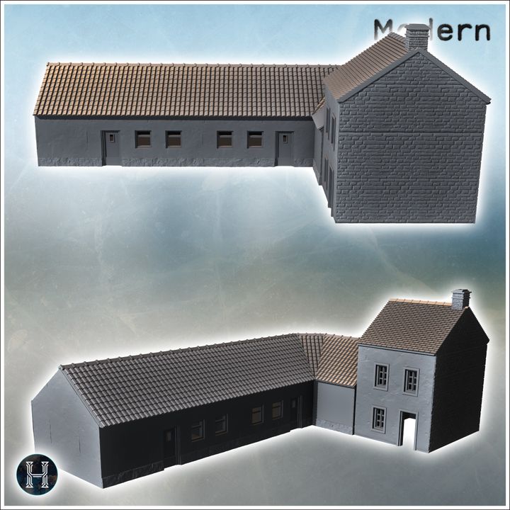 3D Printable L-shaped building with broken windows, missing doors, and ...