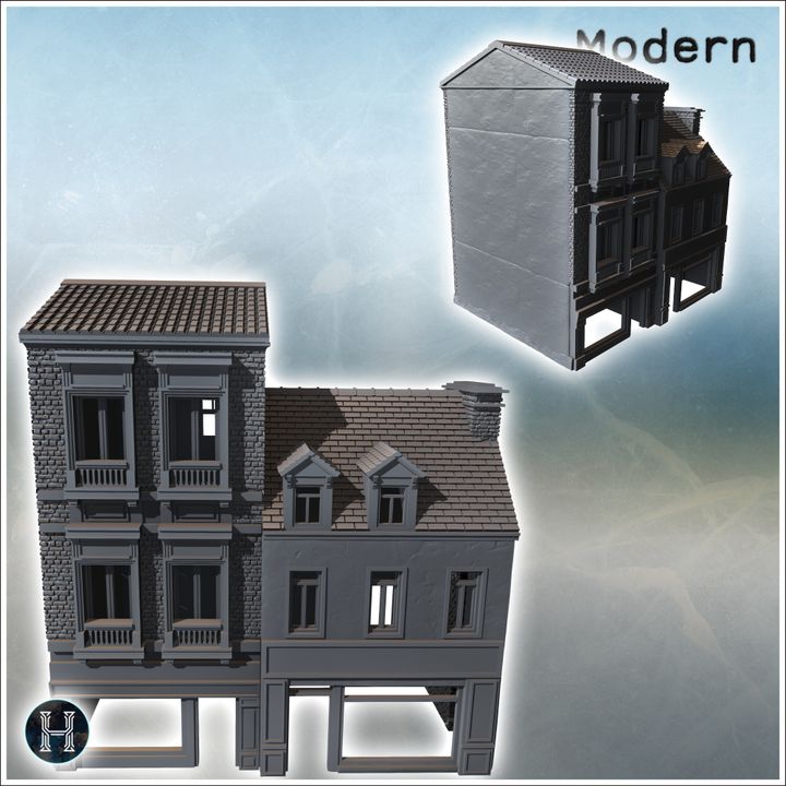 3D Printable Pair of attached buildings, one with a detailed facade and ...