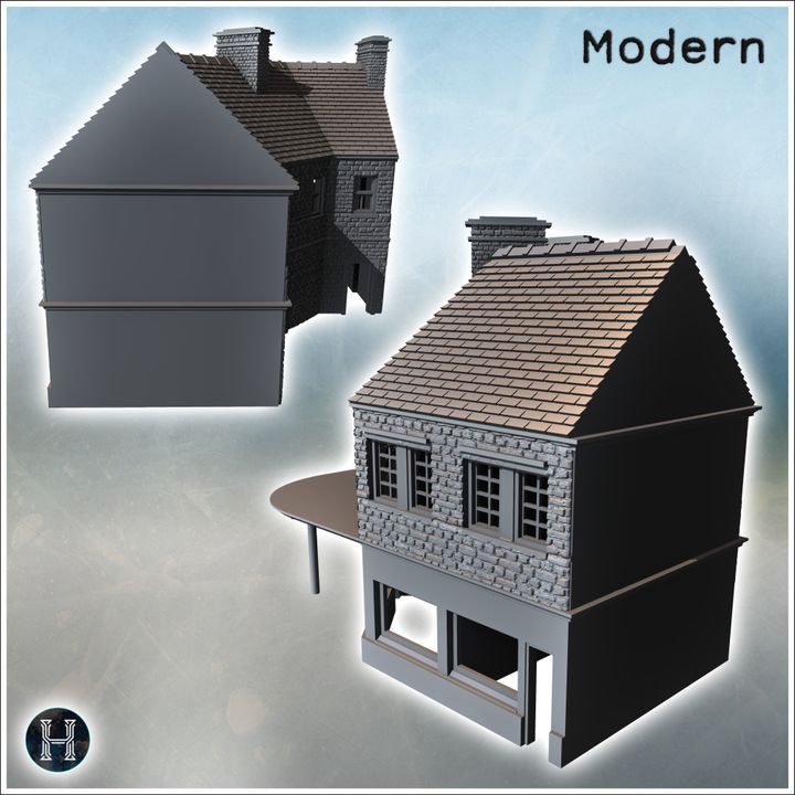 3D Printable L-shaped building with stone walls and three chimneys on ...