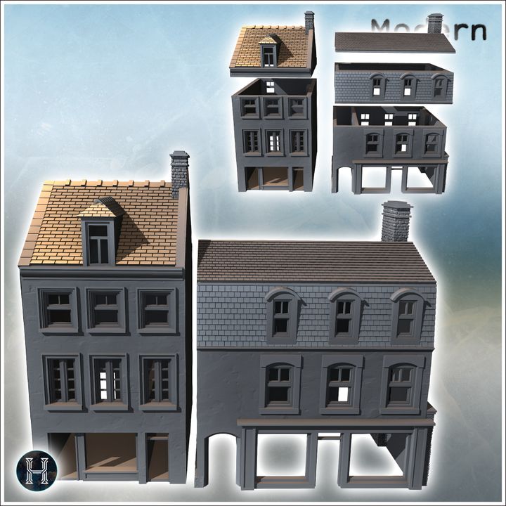 3D Printable Row of connected buildings with multiple windows and two ...