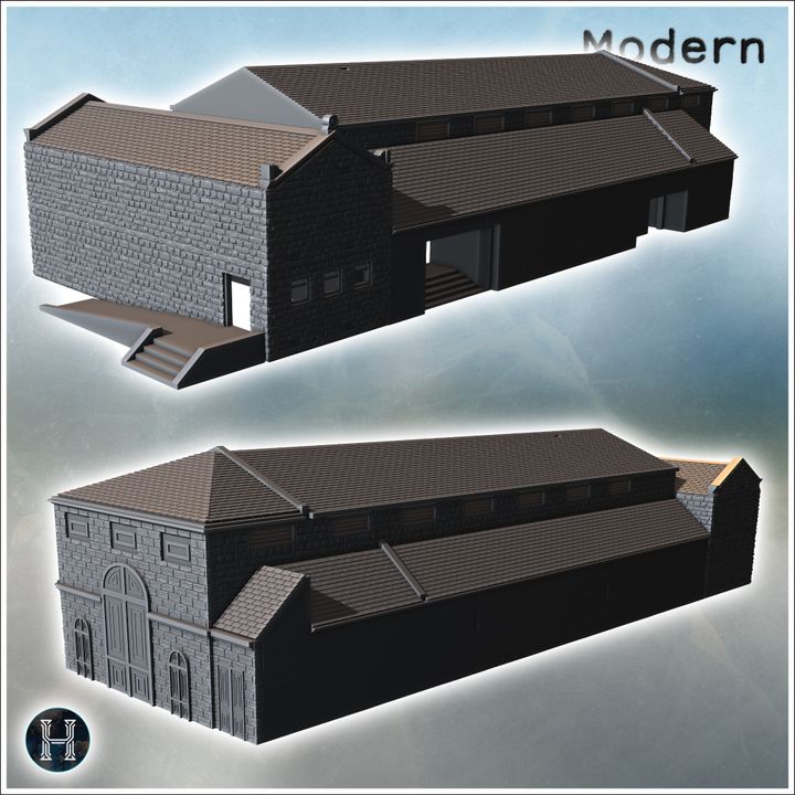 3D Printable Large rectangular building with a gabled roof and stone ...