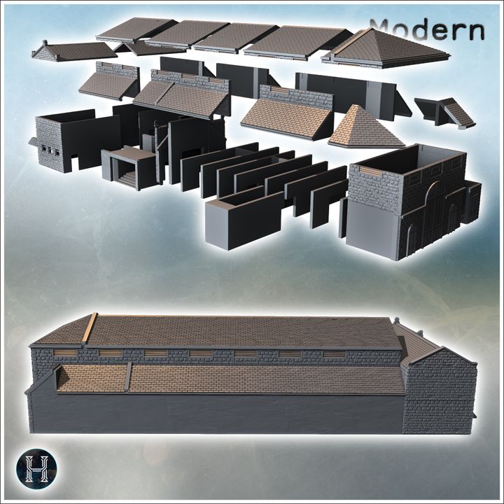 3D Printable Large rectangular building with a gabled roof and stone ...