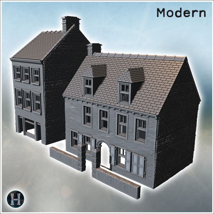 3D Printable Pair of connected buildings, one with a sloped roof and ...