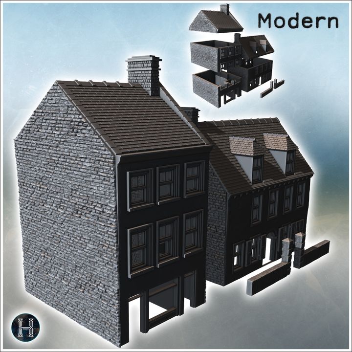 3D Printable Pair of connected buildings, one with a sloped roof and ...