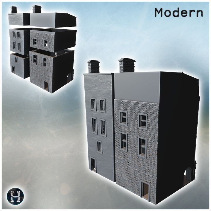 3D Printable Three-story building with two chimneys and arched entrance ...