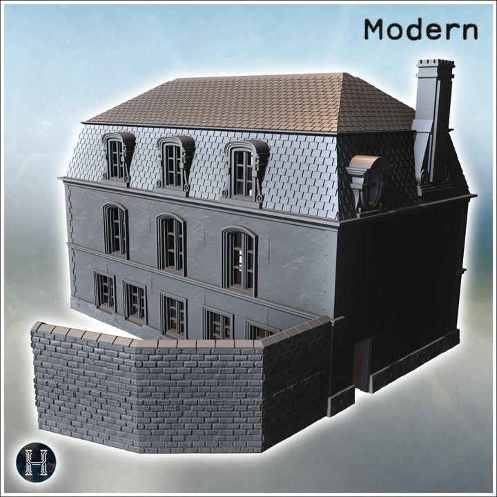 3D Printable Stone building with a slanted roof, three chimneys, and a ...
