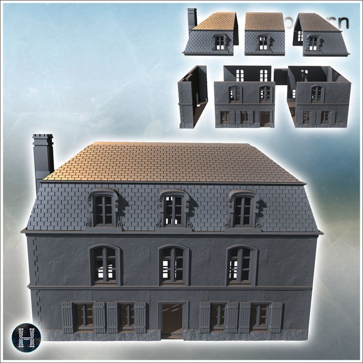 3D Printable Stone building with a slanted roof, three chimneys, and a ...