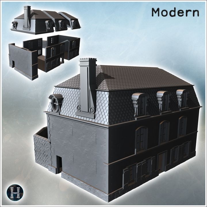 3D Printable Stone building with a slanted roof, three chimneys, and a ...